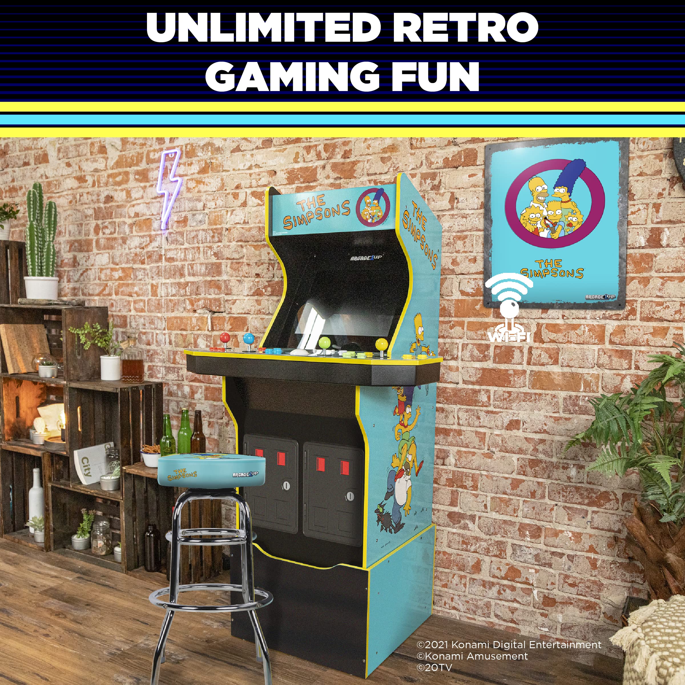 Arcade1Up The Simpsons Arcade Machine, 4-Foot β 4 Player Arcade Game Machine for Home, Live WiFi Enabled β Includes Custom Arcade Game Riser, Adjustable Stool, Light-Up Marquee, and Tin Wall Sign