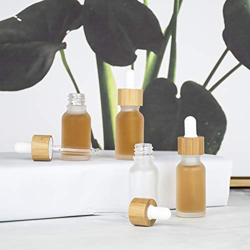 MODOWEY 12Pcs 10ml Frosted Glass Dropper Bottles, Eco-friendly Essential Oil Containers Bulk With Eye Dropper and Bamboo Lids, Refillable Essence Liquid Cosmetic Containers and 2 Pieces Funnel (10ML)