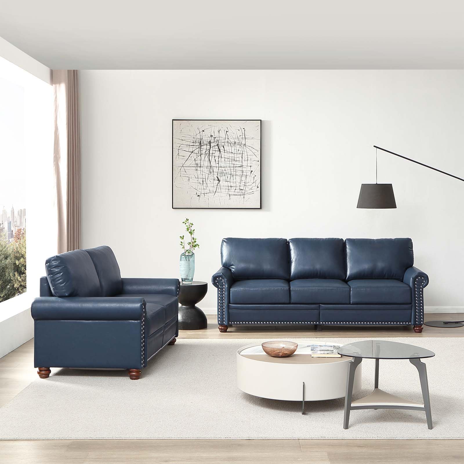 Antetek 2-Piece Comfy Upholstered PU Leather Sofa Couch Set, Mid-Century Modern Loveseat Sofa+3 Seater Couch with Storage Space for Living Room, Furniture Set, Navy Blue
