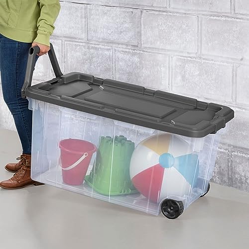AVSAN Wheeled Industrial Tote Plastic Storage Box with Durable Lid 40 Gallon /151 Liter Rolling Storage Bins with Lids & Base w/Racer Red Handle & Latches, Black, 2-Pack