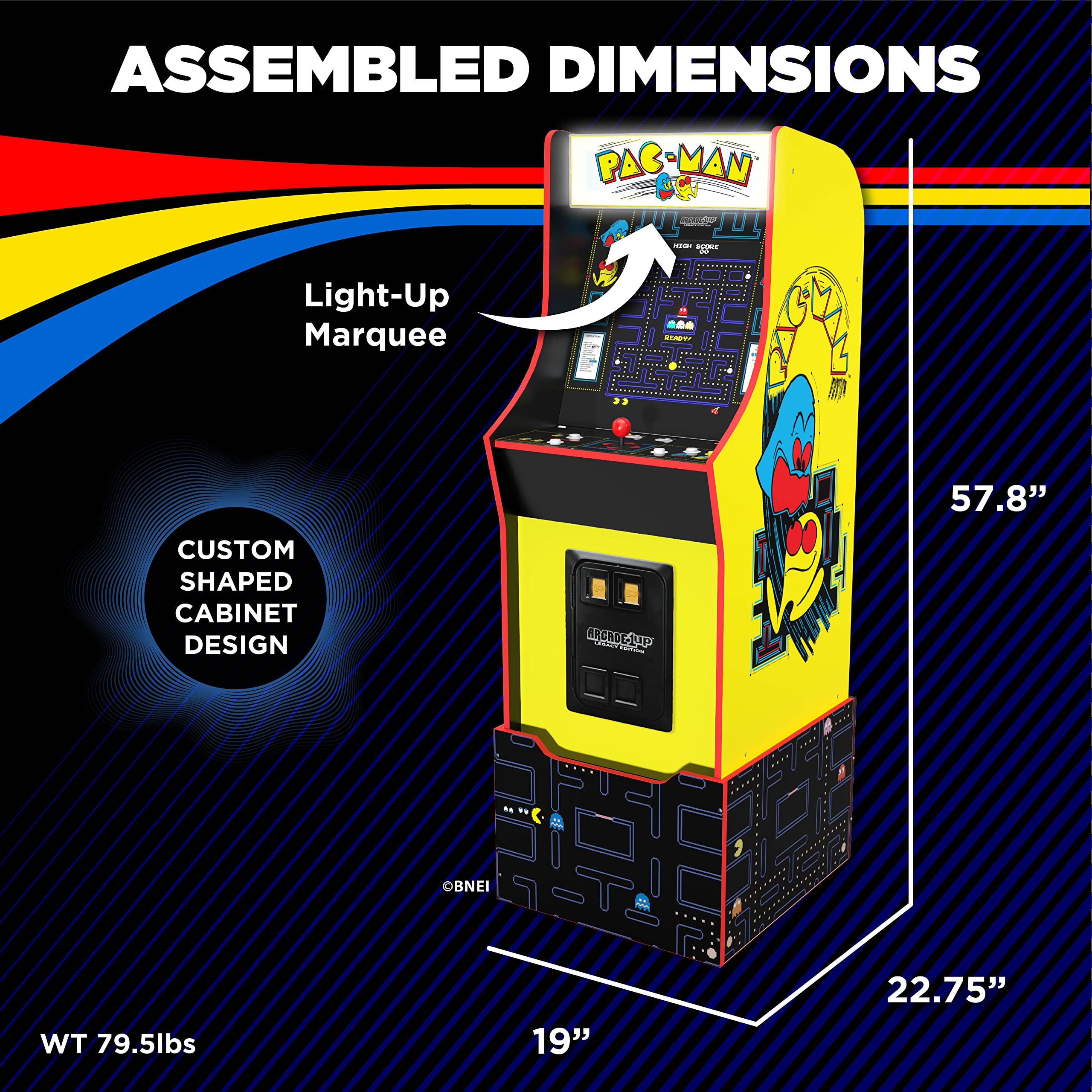 Arcade1UpBandai Namco Entertainment Legacy Edition Arcade Machine, 4-Foot —12-in-1 Pac-Man Arcade Game Machine for Home, 17” Color LCD Screen —Includes Custom Arcade Game Riserand Light-Up Marquee
