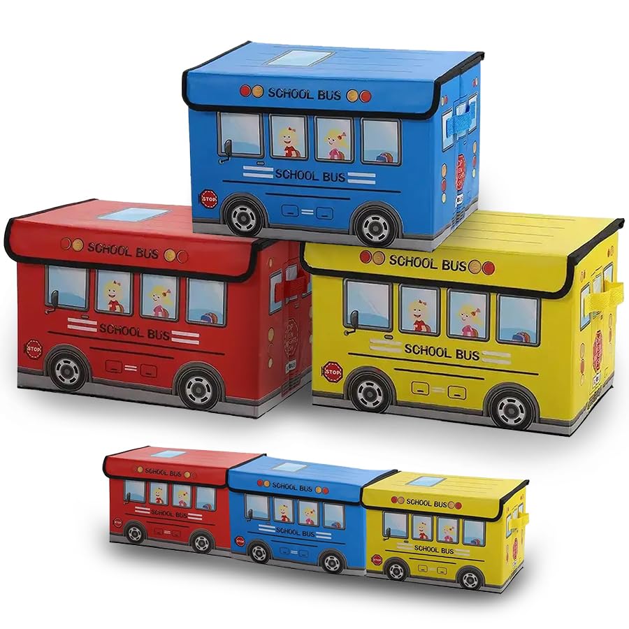 Bus Storage Box for Kids, Foldable Toy Boxes Books, Children's Toy Bin with Lids, School Design for Boys and Girls, Multi-Function Toy Box, Gift Set, Toddler Playroom (3)