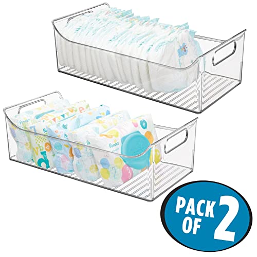 mDesign Portable Nursery Storage Plastic Baby Organizer Storage Caddy Bin w/Handles for Kids/Child Essentials - Holds Diapers, Wipes, Bottles, Baby Food - 16" Long - Ligne Collection - 2 Pack - Clear