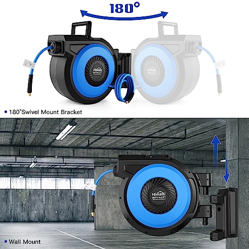 80FT + 6.5FT Retractable Air Hose Reel, Wall Mount Penumatic Hose Reel for Garage Workshop, Automatic Rewind, 3/8" x 80' Hybrid Air Hose with Brass Fittings + Bend Restrictors, 300PSI