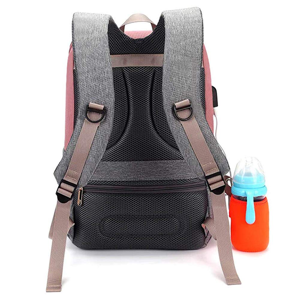 Loodial Diaper Bag Backpack with USB Charging Port for Bottle Warmer, Multifunction Travel Back Pack Maternity Baby Nappy Bags, Large Capacity, Waterproof and Stylish, Grey-Pink