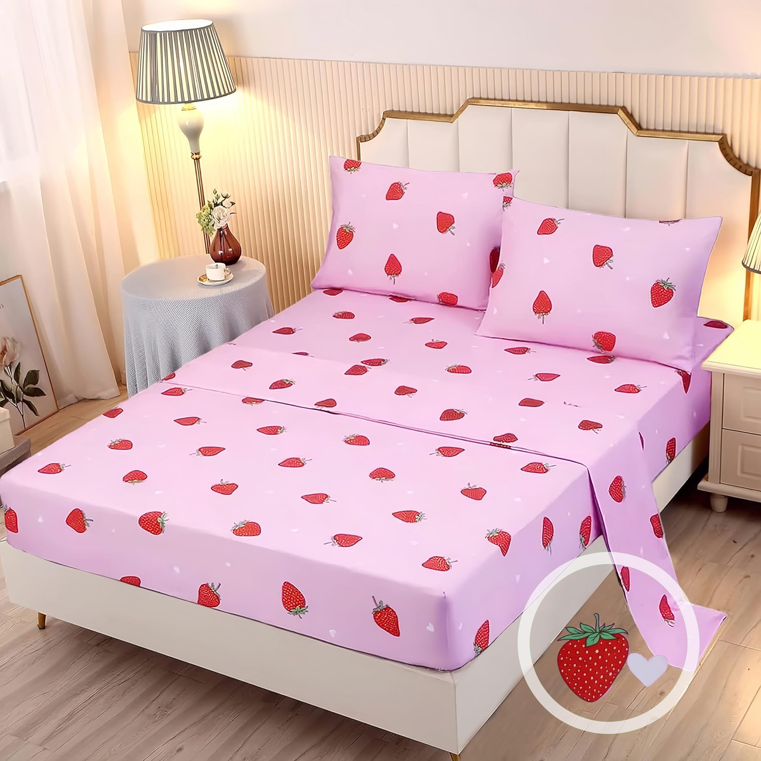SDY 4PCS Strawberry Bedding Sheets,Queen Size Red and Pink Strawberry Print Sheet Set with 1 Kawaii Top Flat Sheet + 1 Deep Pocket Fitted Sheet + 2 Pillowcases for Teen Girls