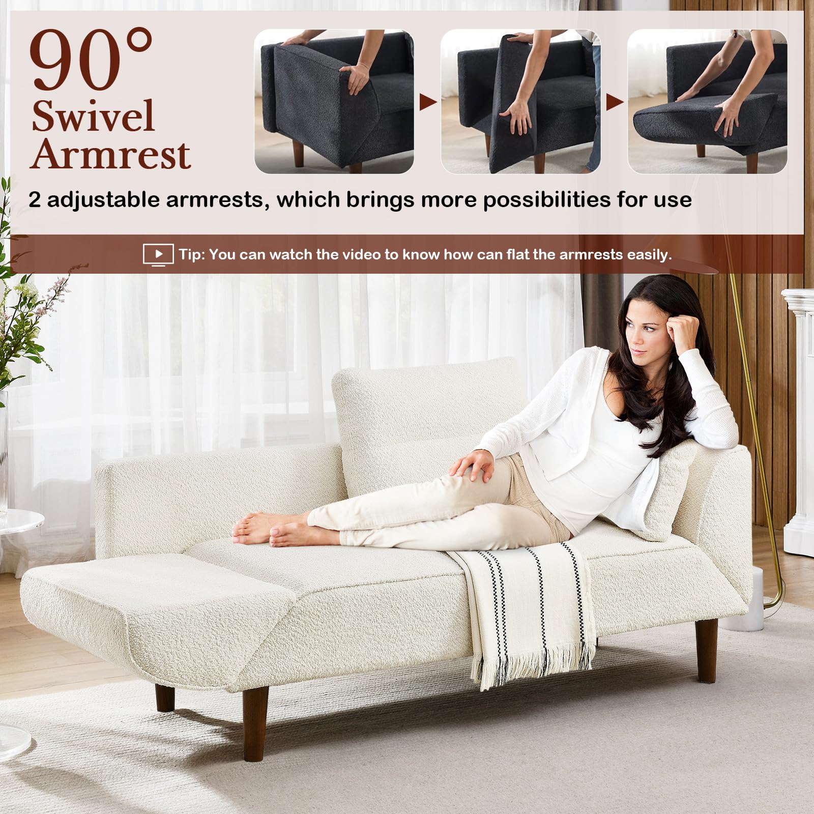 Antetek Loveseat Sofa with Adjustable Armrests, 64β Modern Futon Sleeper Sofa Bed w/Wooden Leg, Textured Boucle Comfy Love Seat Couches for Small Space, Livingroom, Apartment, Beige
