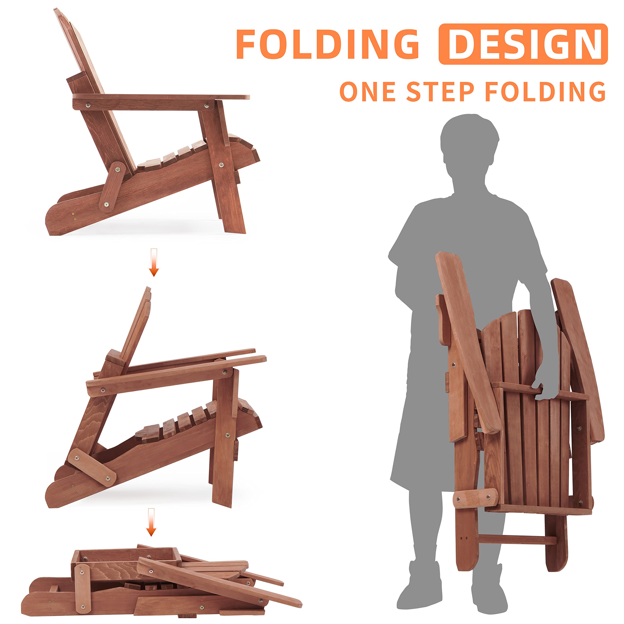 Oversized Wooden Folding Adirondack Chair with Pre-Assembled Backrest and Seat Board, Lounge Chair for Outdoor Patio Garden Lawn Backyard Firepit Deck Pool Beach