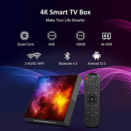 Android TV Box 4GB RAM 128GB ROM Upgraded W2 Mali-G31 2.4G/5G Dual WiFi Bluetooth 4.2,Media Player Support 3D 4K UHD Videos Android 12.0 USB 2.0 with Wireless Backlit Mini Keyboard