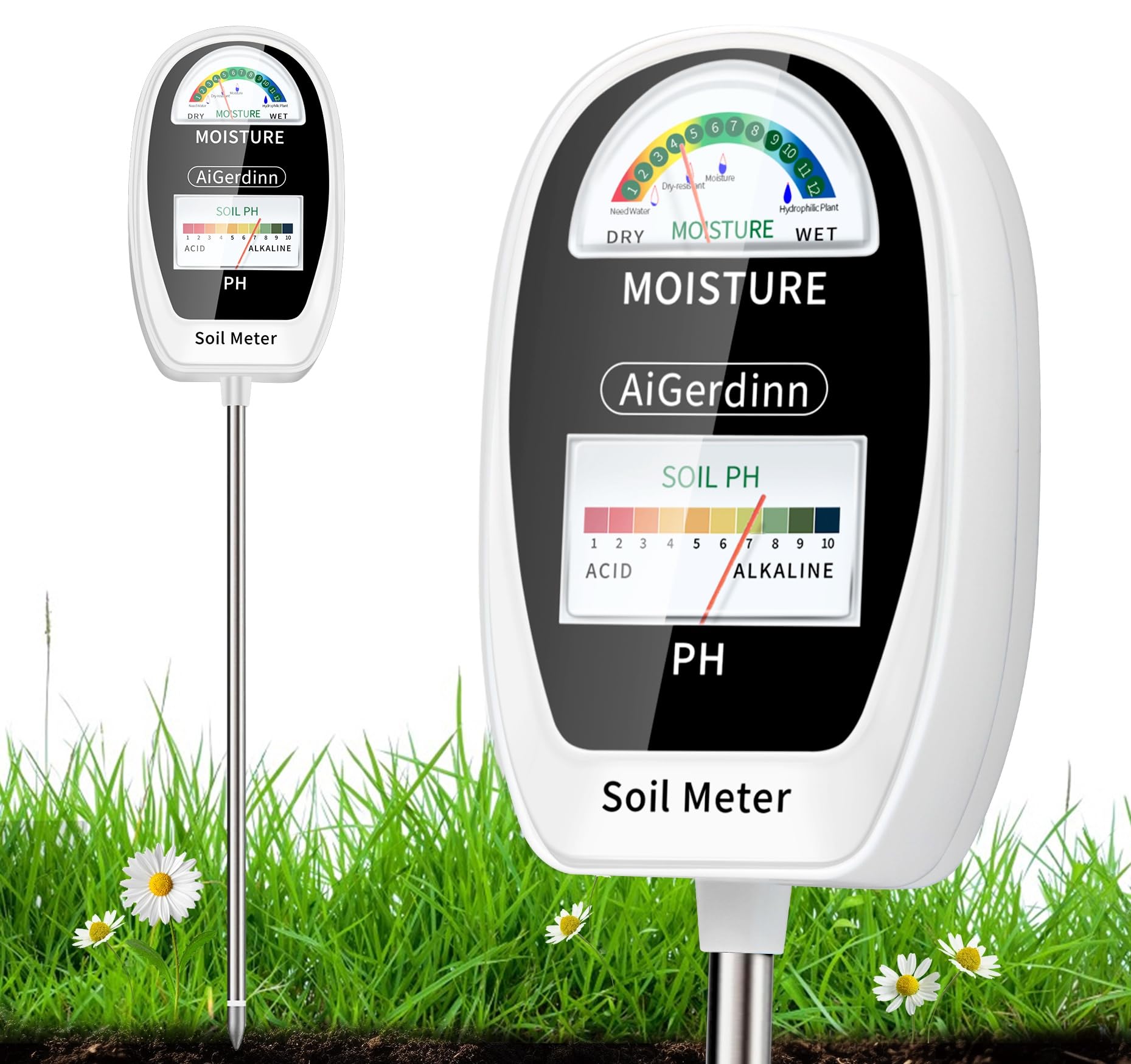 AiGerdinn Soil Test Kit, Soil Moisture Meter, Soil pH Meter -Dual Dial-Simultaneously-Display Results-Soil pH Tester, Moisture Meter for House Plants,Lawn,Garden,Farm Indoor&Outdoor- White