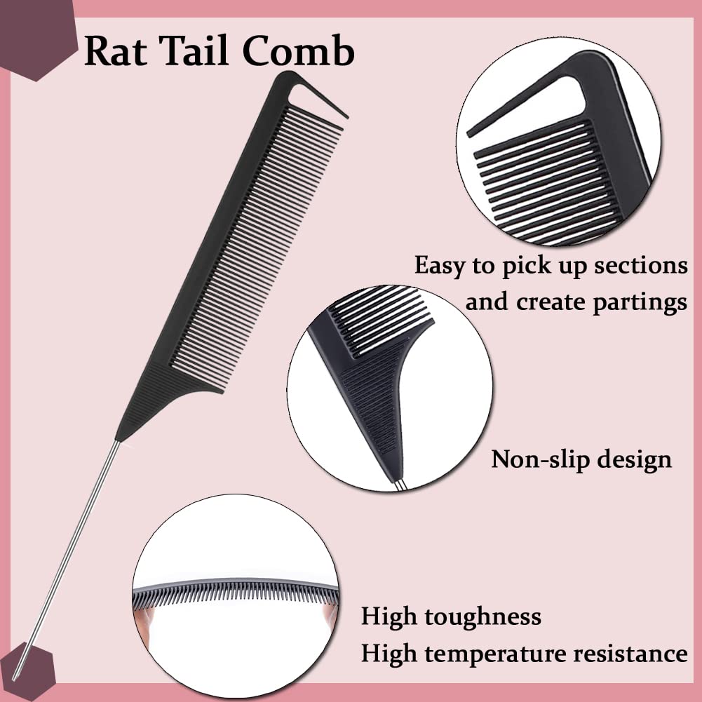 6 Pieces Rat Tail Comb Cutting Comb with Wide and Fine Teeth and Alligator Styling Sectioning Hair Clips Set, Carbon Fiber Styling Combs Stainless Steel Pintail Comb Teasing Combs Parting Combs for Braiding Hair With 4Pcs Colorful Hair Clip for Braids Sal
