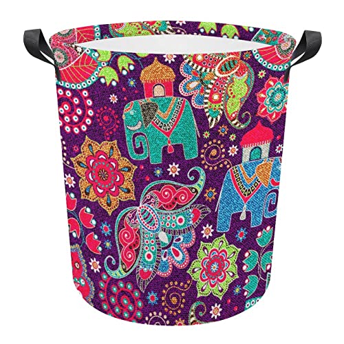 Colorful Flower Elephant Waterproof Laundry Baskets Bohemia Collapsible Laundry Hamper with Handles Large Round Toy Bin for Dirty Clothes,Kids Toys,Bedroom,Bathroom
