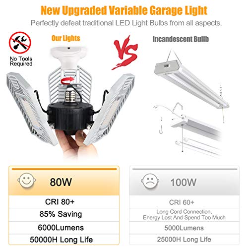 80W Garage Light, 3000K Warm White Deformable Lamp,80W 8000 LM Basement Light,Shop Lights for Garage,Overhead Garage Light,Led Garage Ceiling Lights(80W Warm Light