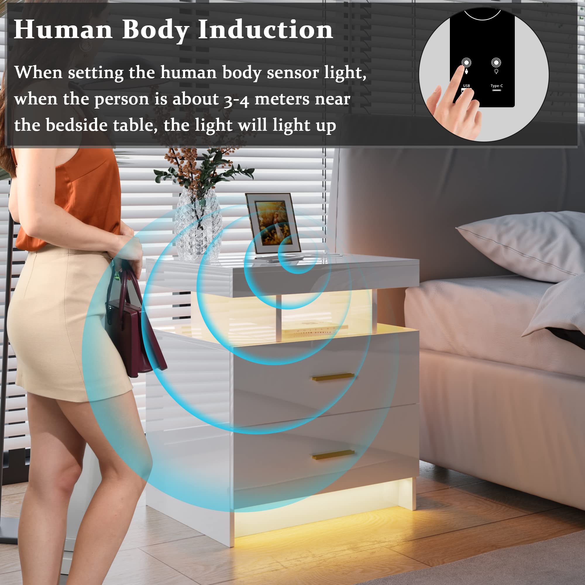 HNEBC Auto LED Nightstands Set of 2,Modern Bedside Table with 2 Ports & Wireless Charging Station,High Gloss Bedside Tables with 2 Drawers,Nightstands for Bedrooms/Living Room (White)