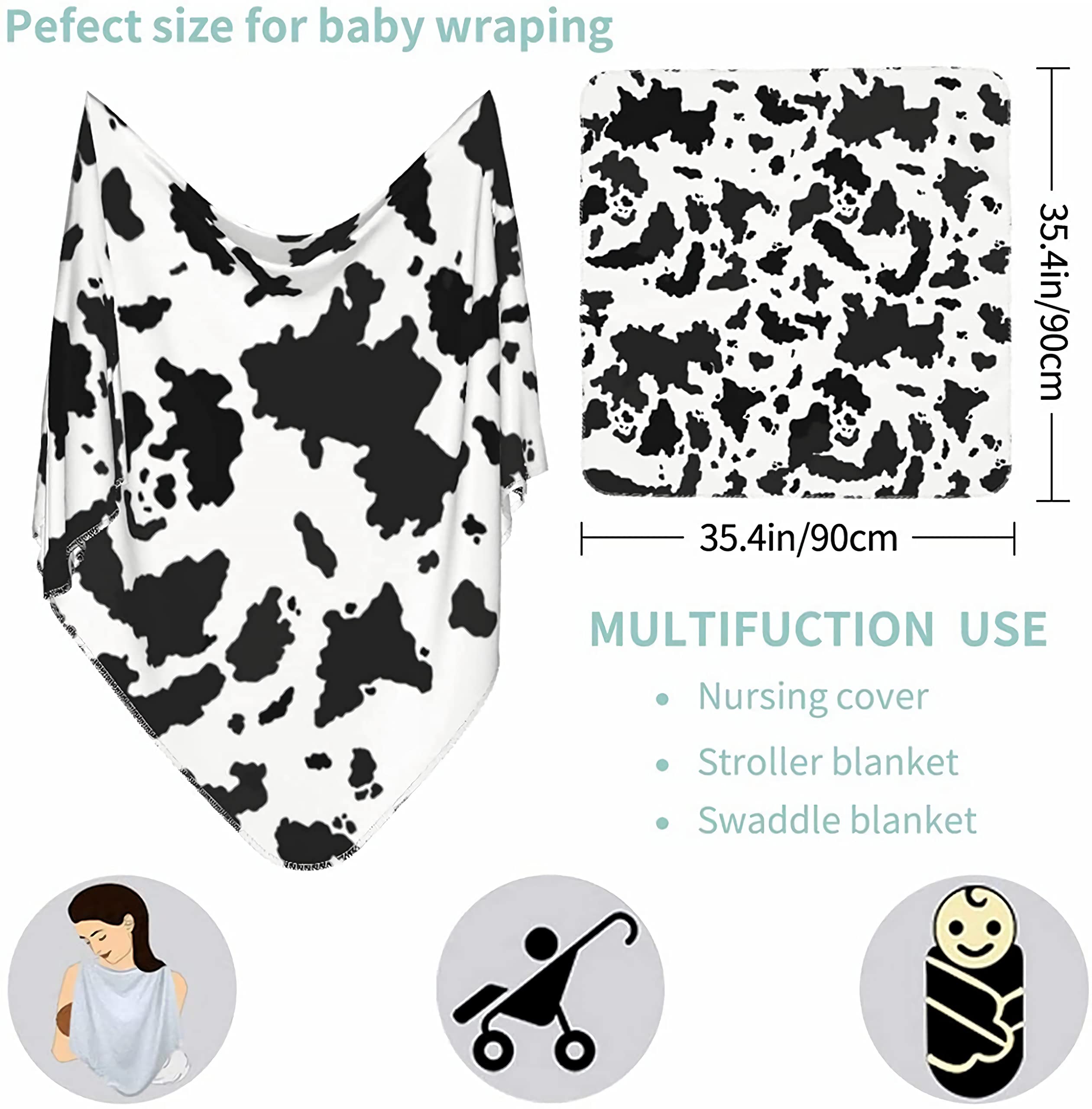 Belinyo Dalmatian Cow Baby Swaddle Blankets Nursing Cover Infant Receiving Blankets for Crib, Stroller, Travel(36x 36 Inch)