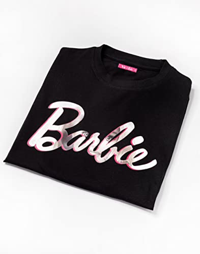 Barbie T-Shirt for Women | Ladies Doll Logo White Pink | Black Longline Relaxed Design Top Clothes Medium
