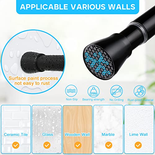 Black Spring Tension Curtain Rod 28-52 Inches, 7/8" Diameter Adjustable Shower Curtain Rod No Drill, Anti-slip Heavy Duty Spring Curtain Rod for Windows Bathroom Kitchen Closet Doorway