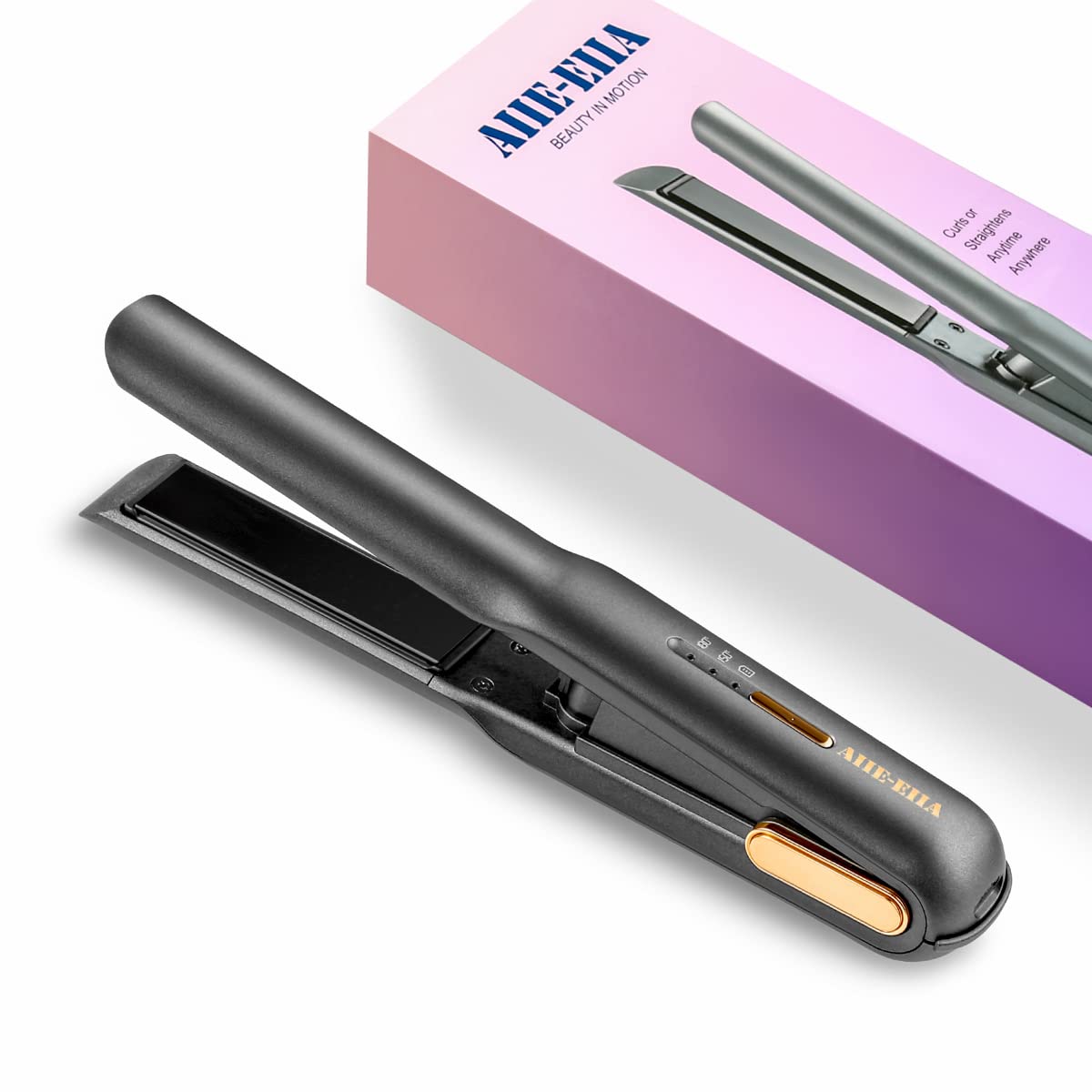 AIIE-EIIA Cordless Hair Straightener, Wireless Flat Iron for Hair,USB-C Rechargeable Ceramic Mini Travel Flat Iron with 2800mA Battery, Adjustable Temperature, Gray