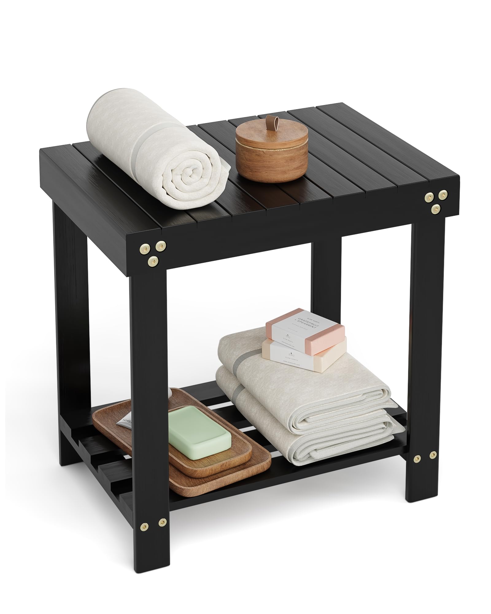Bamneat Small Bamboo Bathroom Shower Bench with Storage Shelf, Durable Shower Stool for Shaving Legs, Indoor and Outdoor Use, Black