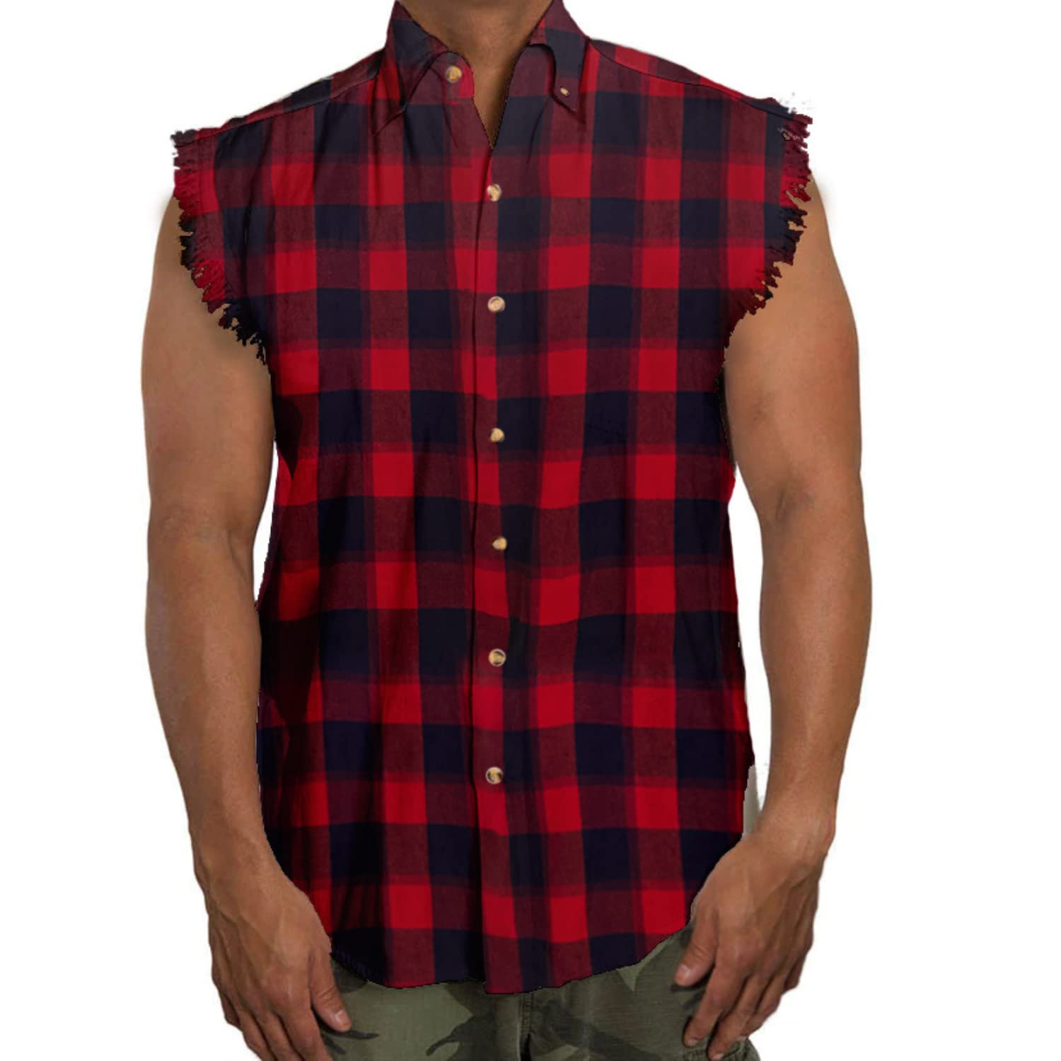 Aligro - Red Sleeveless Flannel Plaid Shirts for Men Casual Button Down Cowboy Vest Shirts (Size M)