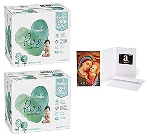 Size 3, 168 Count - Pampers Pure Disposable Baby Diapers, Hypoallergenic and Fragrance Free Protection (2 Qty) with Amazon.com $20 Gift Card in a Greeting Card (Madonna with Child Design)