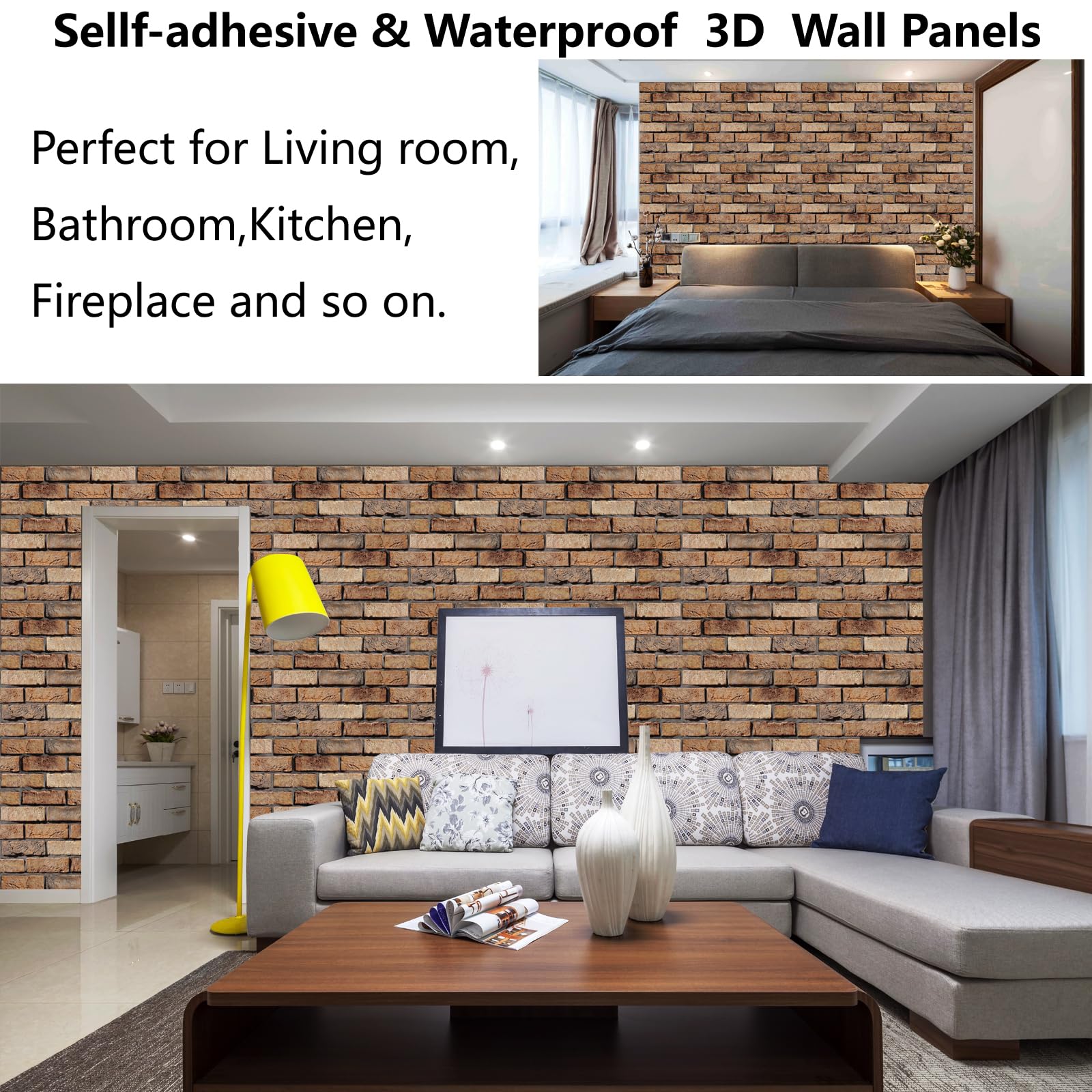 Veczom 3D Wall Panels Peel and Stick 3D Brick Wallpaper Peel and Stick Interior Wall Décor,10 Pack Waterproof Wall Panel PVC Stone Wall Panels for Living Room,Lobby Bedroom Hotel Office Decoration