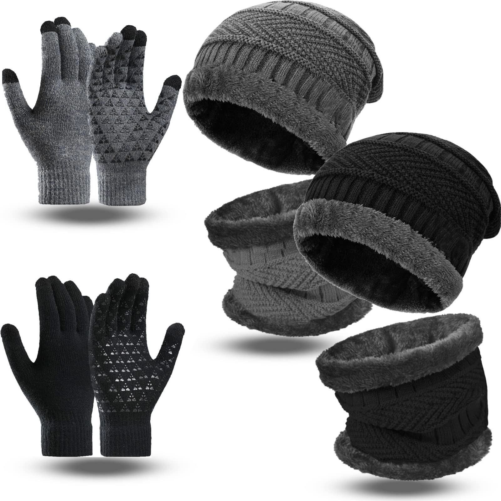 6 Pieces Winter Beanie Hat Scarf Gloves Set for Men and Women,Knitted Skull Cap Winter Hat Touchscreen Gloves Neck Warmer
