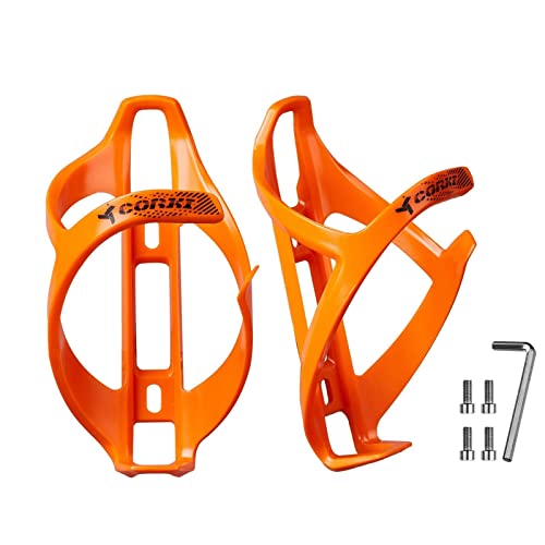 Corki Cycles Bike Water Bottle Holder, Right Side Load Water Bottle Cage for Road Bikes & Mountain Bikes - Orange - 2PACK