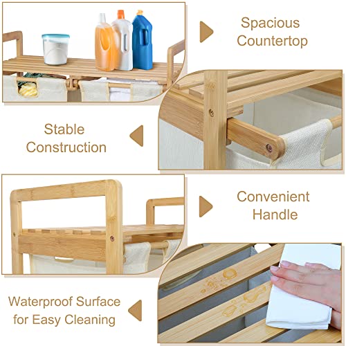 Bellzacasa Bamboo Laundry Hamper Shelf 2 Section Hamper Laundry Basket Bamboo Laundry Organizer with 2 Removable Beige Liner Bag For Bathroom Living Room Bedroom