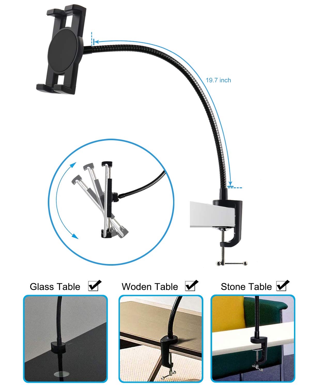 woleyi Gooseneck Tablet Holder Mount, Heavy Duty Desk/Bed Tablet Stand, Flexible Arm Clip for iPad Pro Air Mini, Galaxy Tab/Z Fold, Fire HD, Surface Pro/Go, Switch, iPhone and More 4.7-13" Devices
