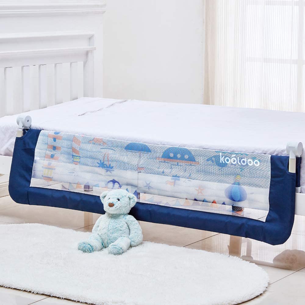 59 Inches Toddler Bed Rail Fold Down Safety Baby Bed Guard with NBR Foam Including 1 Pc Safety Strap by KOOLDOO (Blue)