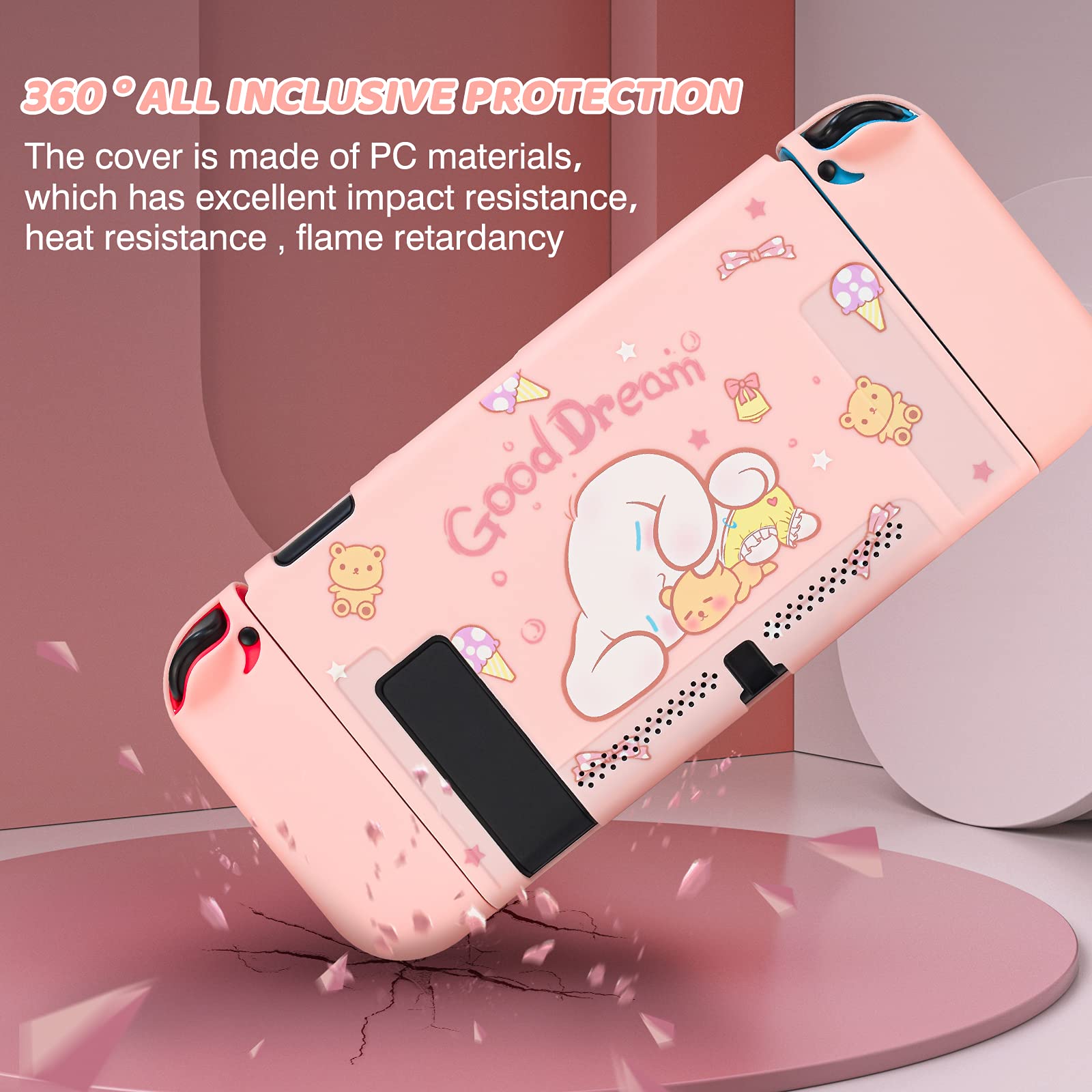 DLseego Dockable Protective Case for Switch, Newest Pattern Cover with Anti-Scratch and Shock-Absorption Design Hard Cover with 2 pcs Thumb Grips – Pink Sleepy Rabbit