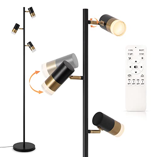ADISUN LED Tree Floor Lamp for Living Room,Bedroom Black Standing Floor Lamp for Office,Bedroom,Dimmable Tall Lamp for Reading with 3 Adjustable Heads,Remote Control