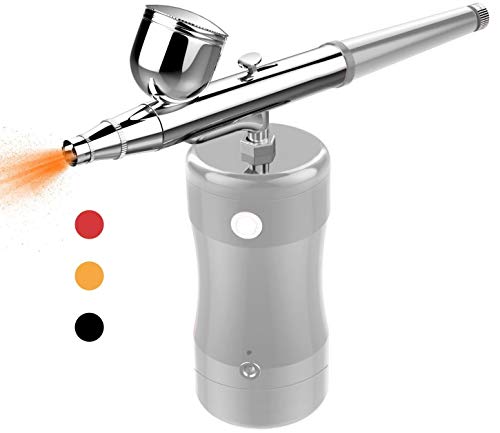 COSSCCI Handheld Airbrush Kit, Mini Air Compressor Spray Gun Set Single Action USB Rechargeable Airbrush for Makeup Art Nail Painting Tattoo Manicure Cakes (Silver)