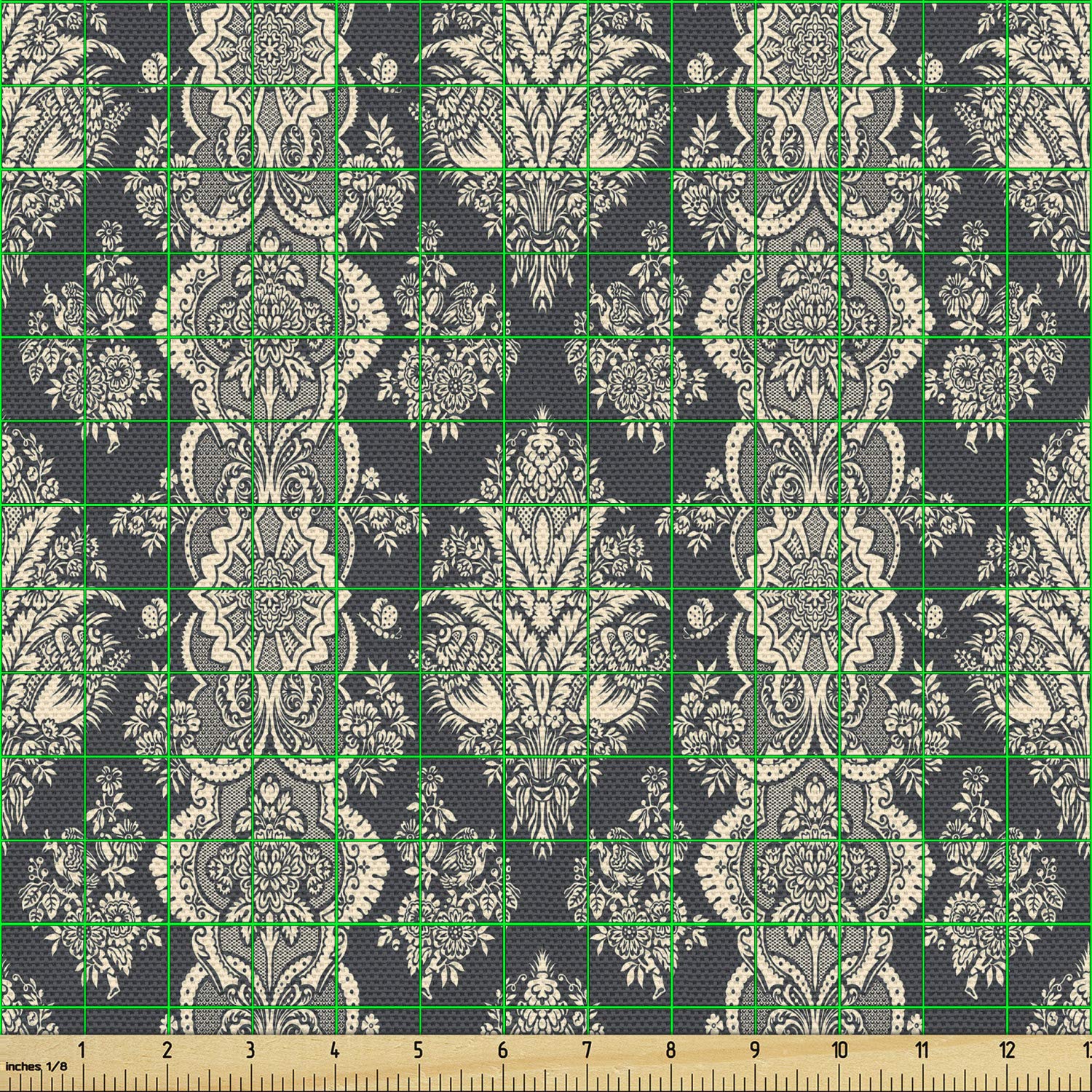 Ambesonne Damask Fabric by The Yard, Victorian Style Baroque Classic Pattern with Ornamental Floral Leaves Image, Decorative Fabric for Upholstery and Home Accents, Charcoal Grey Cream