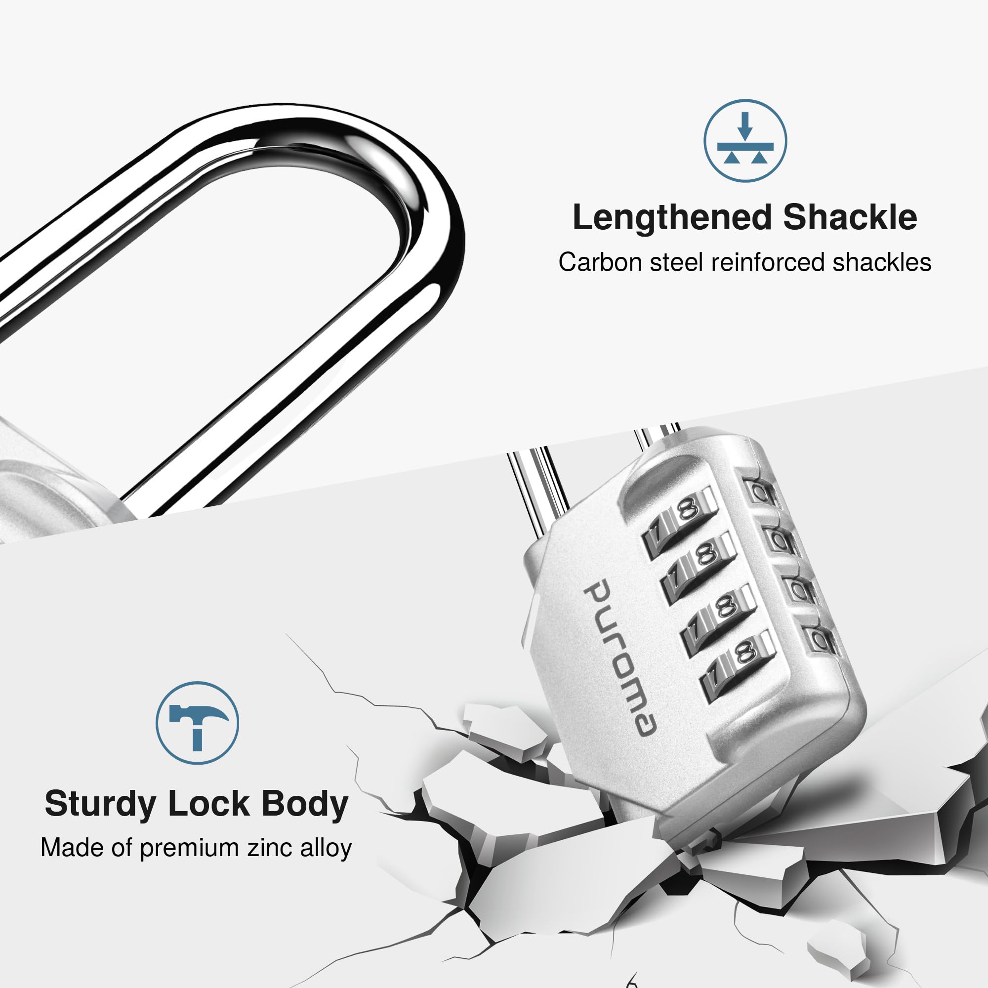 Puroma 2 Pack 2.6 Inch Long Shackle Combination Lock 4 Digit Outdoor Waterproof Padlock for School Gym Locker, Sports Locker, Fence, Gate, Toolbox, Case, Hasp Storage (Silver & Black)