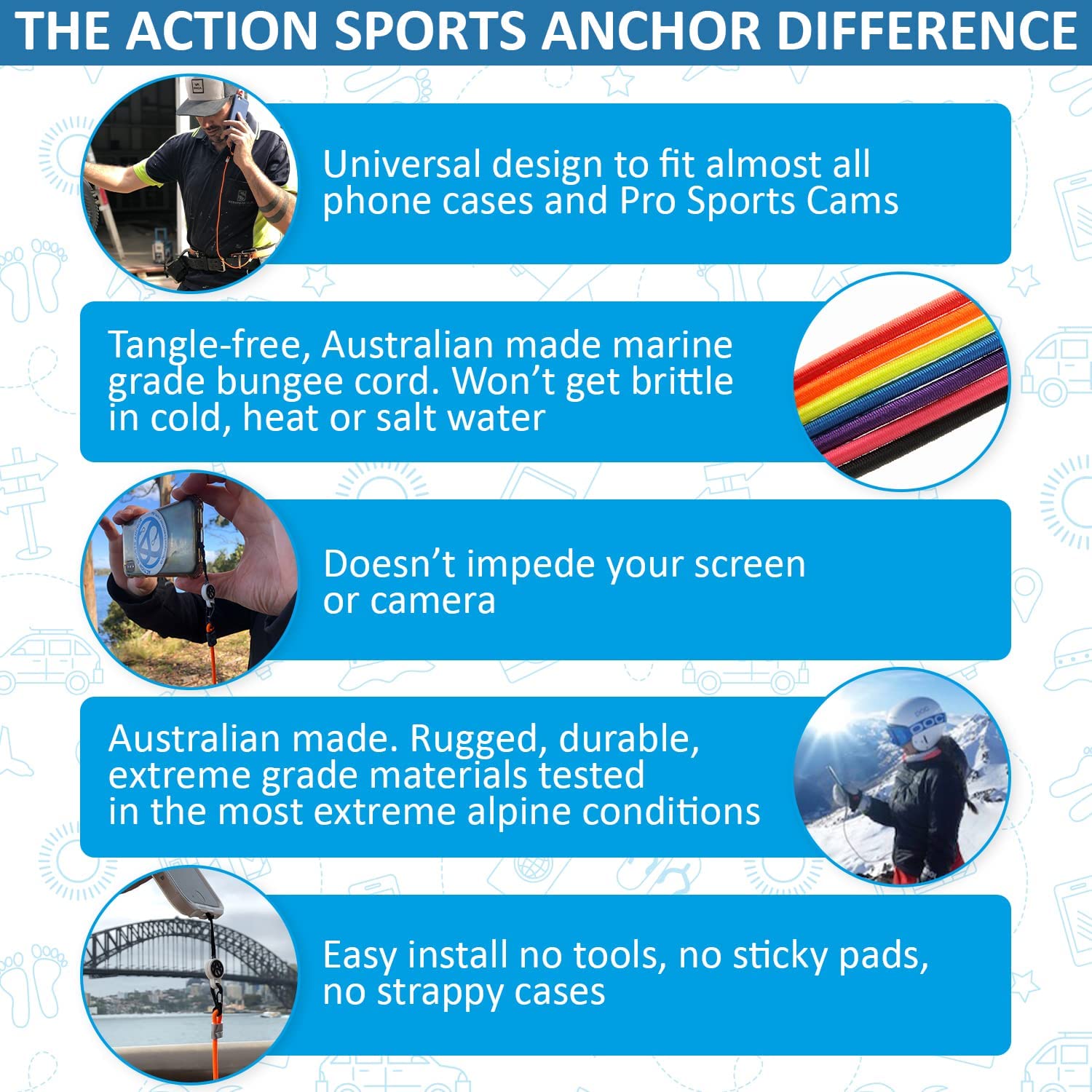 Action Sports Phone Lanyard β Tough Outdoors Mobile cellphone Lanyard & Anti-Tangle Bungie Cord Strap Securely Tether Your Mobile ProCam Keys Wallet - Aussie Made