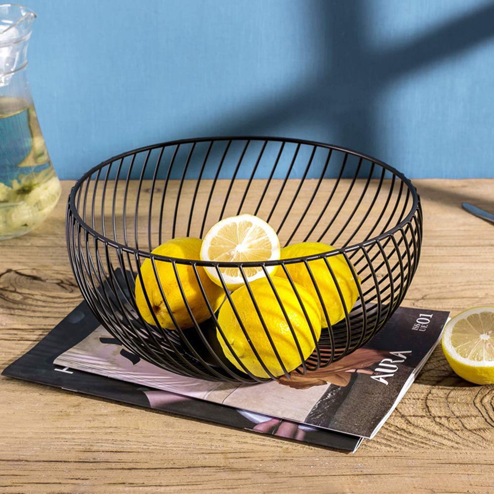 7UYUU Fruit Basket for Kitchen | Wire Fruit Basket Holder for Lemon, Potato, Onion | Black Counter Decorative Fruit Bowl - 10.2 In (Round B)