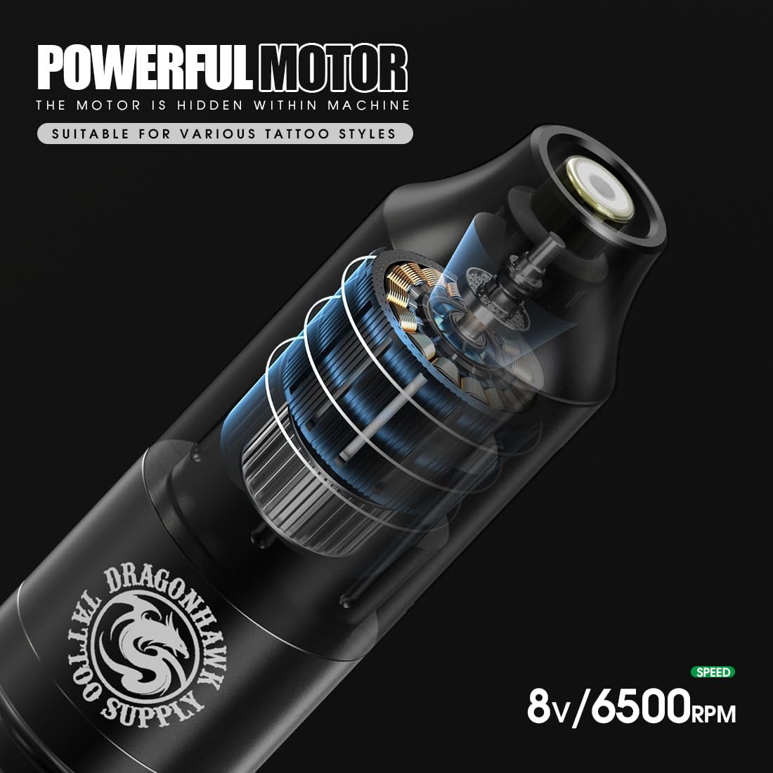 DRAGONHAWK Complete Tattoo Pen Kit Rotary Atom M1 Machine Power Supply 20Pcs Cartridges Needles Foot Pedal