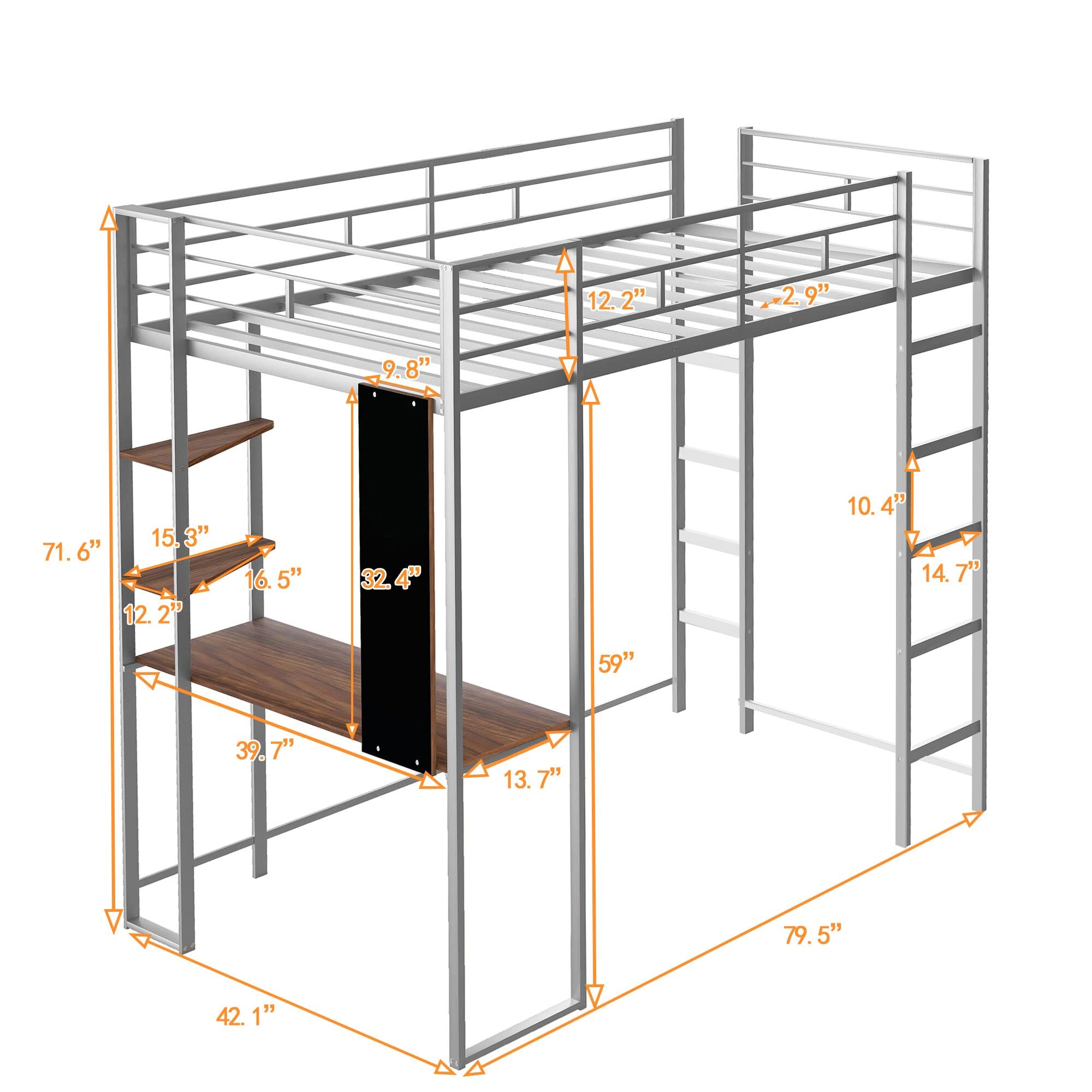 Harper & Bright Designs Twin Size Loft Bed with Desk, Heavy Duty Metal Loft Bed Twin with Shelves, Twin Metal Loft Bed Frame for Kids,Teens, No Box Spring Needed,Silver