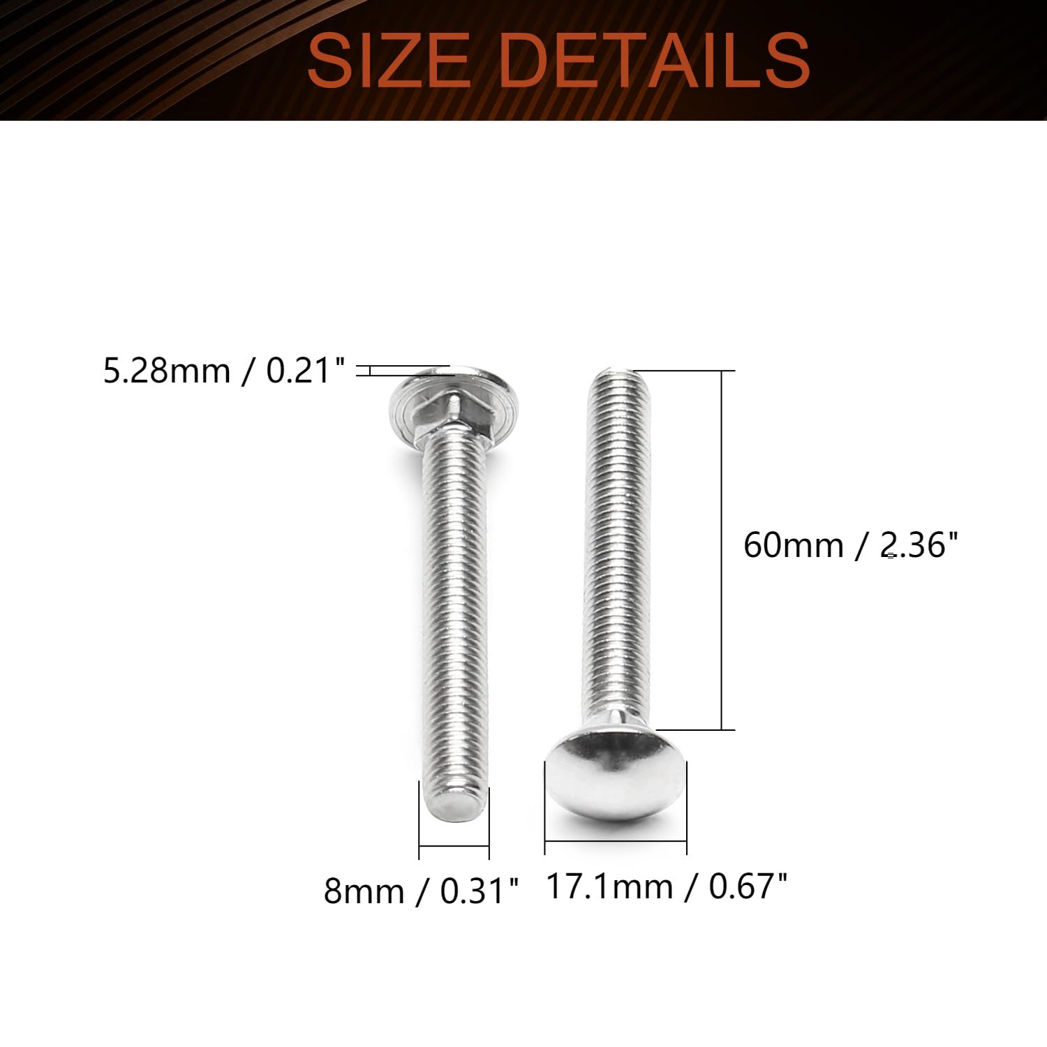 MroMax 8PCS Carriage Bolts M8x60mm Half Round Head Square Neck Bolt Fasteners 304 Stainless Steel Neck Carriage Bolt Silver Tone