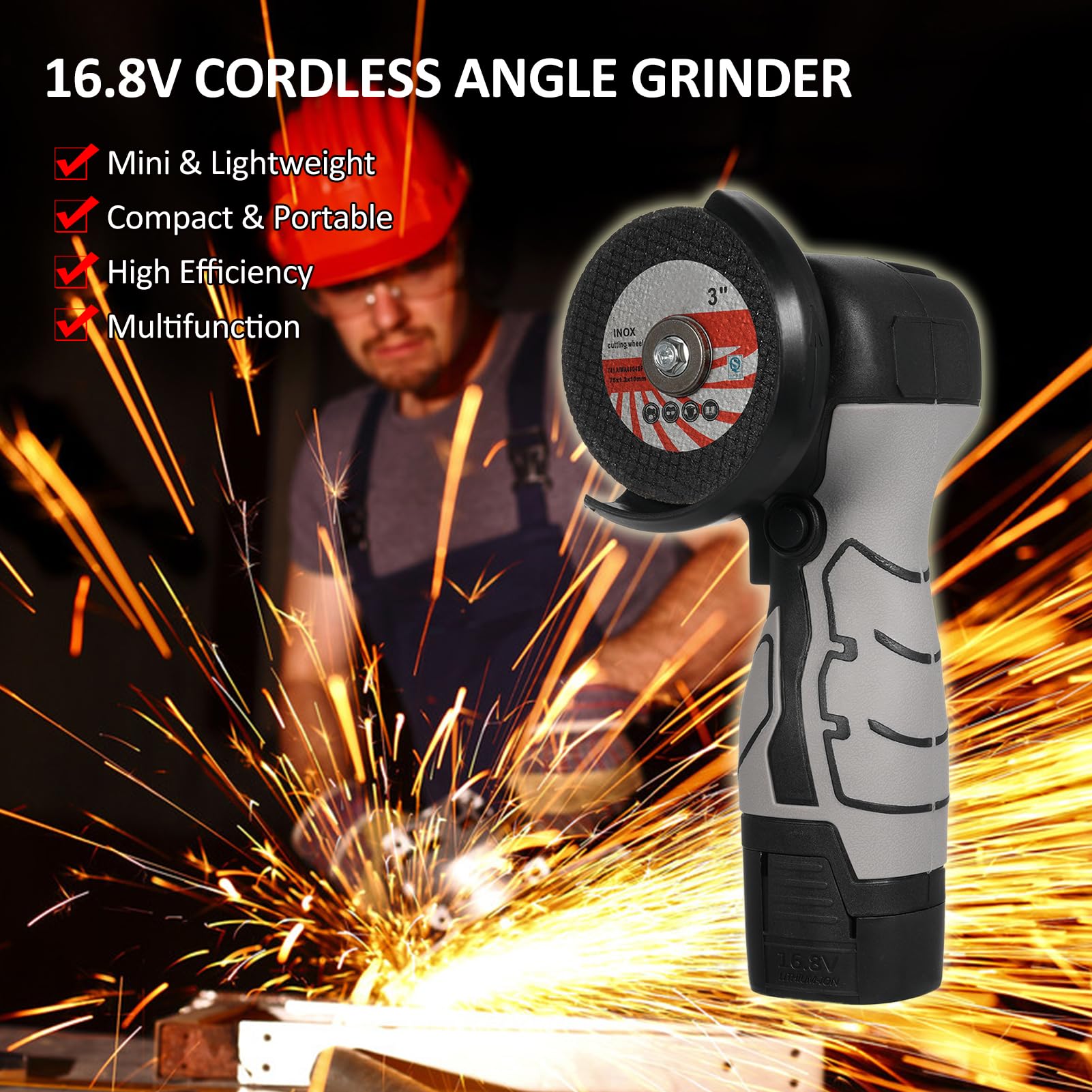 Angle Grinder, Weytoll 7000RPM Cordless Angle Grinder, Electric Grinding Tool, Mini Angle Grinder with 2Pcs 16.8V 2000mAh Battery and Grinding Disc for Cutting Polished Brick Wood Stone Steel