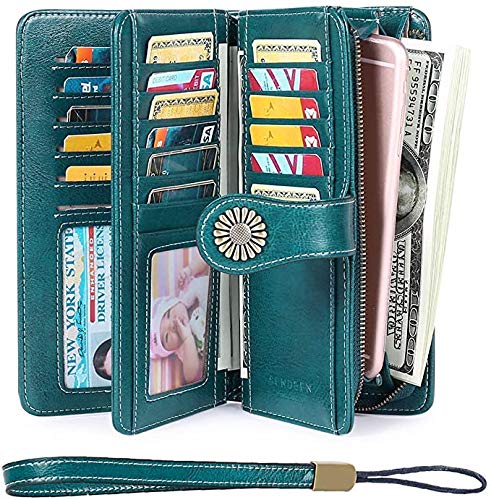 Behaniu Womens Multi Card slots Geniune Leather Wallet with Zipper Pocket Large Capacity RFID Blocking Credit Card Holder for Women (Peafowl Blue), Medium