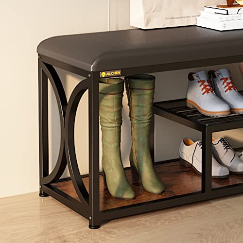 ALISENED Shoe Rack Bench for Entryway with Padded Seat,Industrial Entry Bench with Shoe Storage Shelf for Small Spaces,3-Tier Small Rustic Shoe Rack,Padded Storage Bench,Metal Frame,Space Saving
