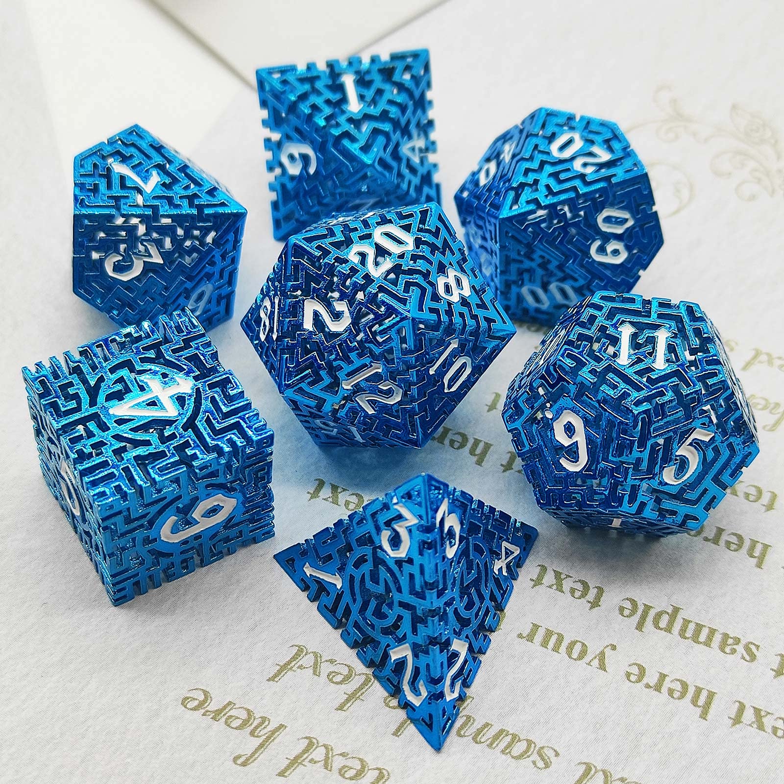 DND Polyhedral Hollow Metal Dice Set RPG Maze Design D&D Dungeons and Dragons D and D MTG Weighted Pathfinder Board Game D4 D6 D8 D10 D% D12 D20 (with Free Metal Storage Box) Dice-Blue