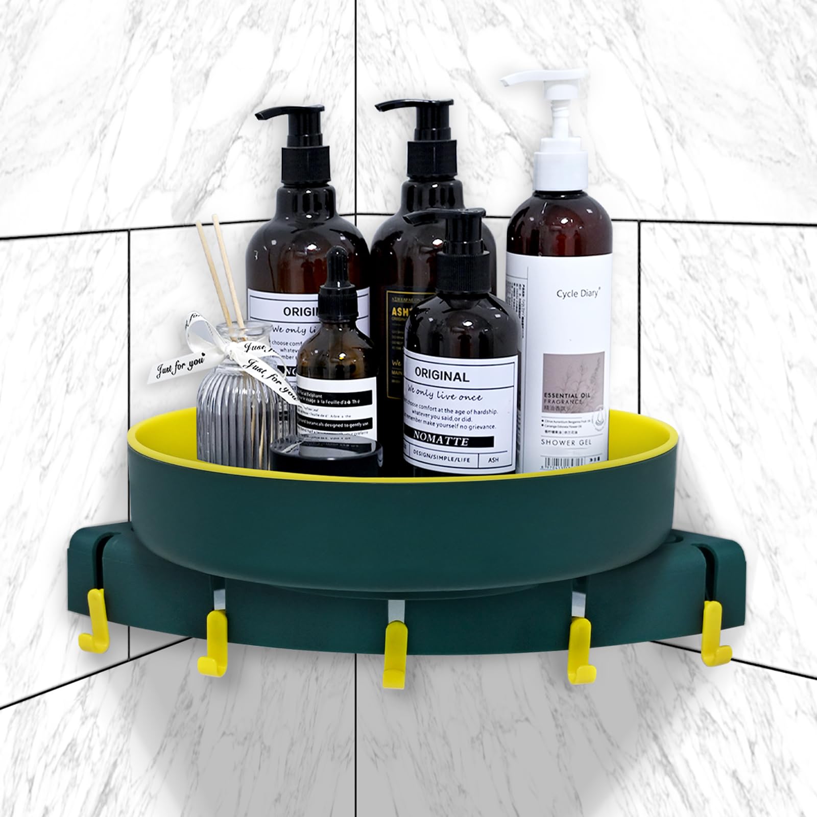 Sarzdras Corner Shower Caddy 360°Rotate Shower Corner Organizer, No Drilling Plastic Inside Shower Storage Rack, 5 Hooks Towel Shelf for Bathroom, Restroom, Bedroom and Kitchen Green