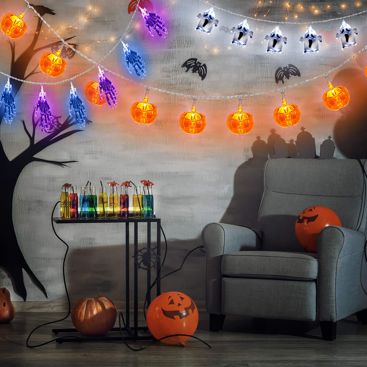 3Pcs Halloween Spooky Decorative String Lights, 9.8ft 54 LED Battery Operated Hand Ghost Pumpkin Party Light String Halloween Decorations for Lawn Porch Door Window Wall Home Garden Halloween Decor