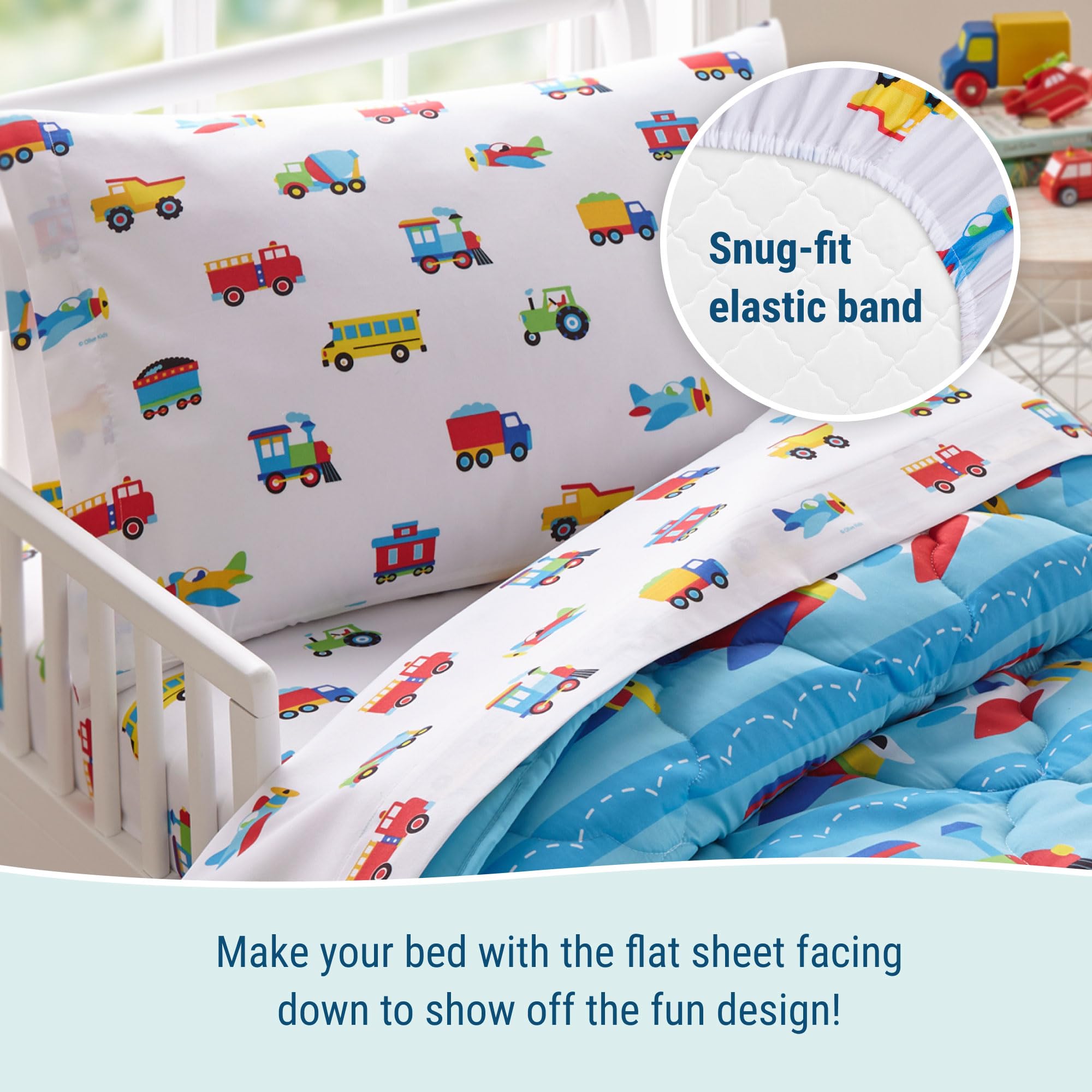 Wildkin Kids 4 Pc Toddler Bed In A Bag for Boys and Girls, Microfiber Bedding Set Includes Comforter, Flat Sheet, Fitted Sheet, and One Pillow Case (Trains, Planes and Trucks)