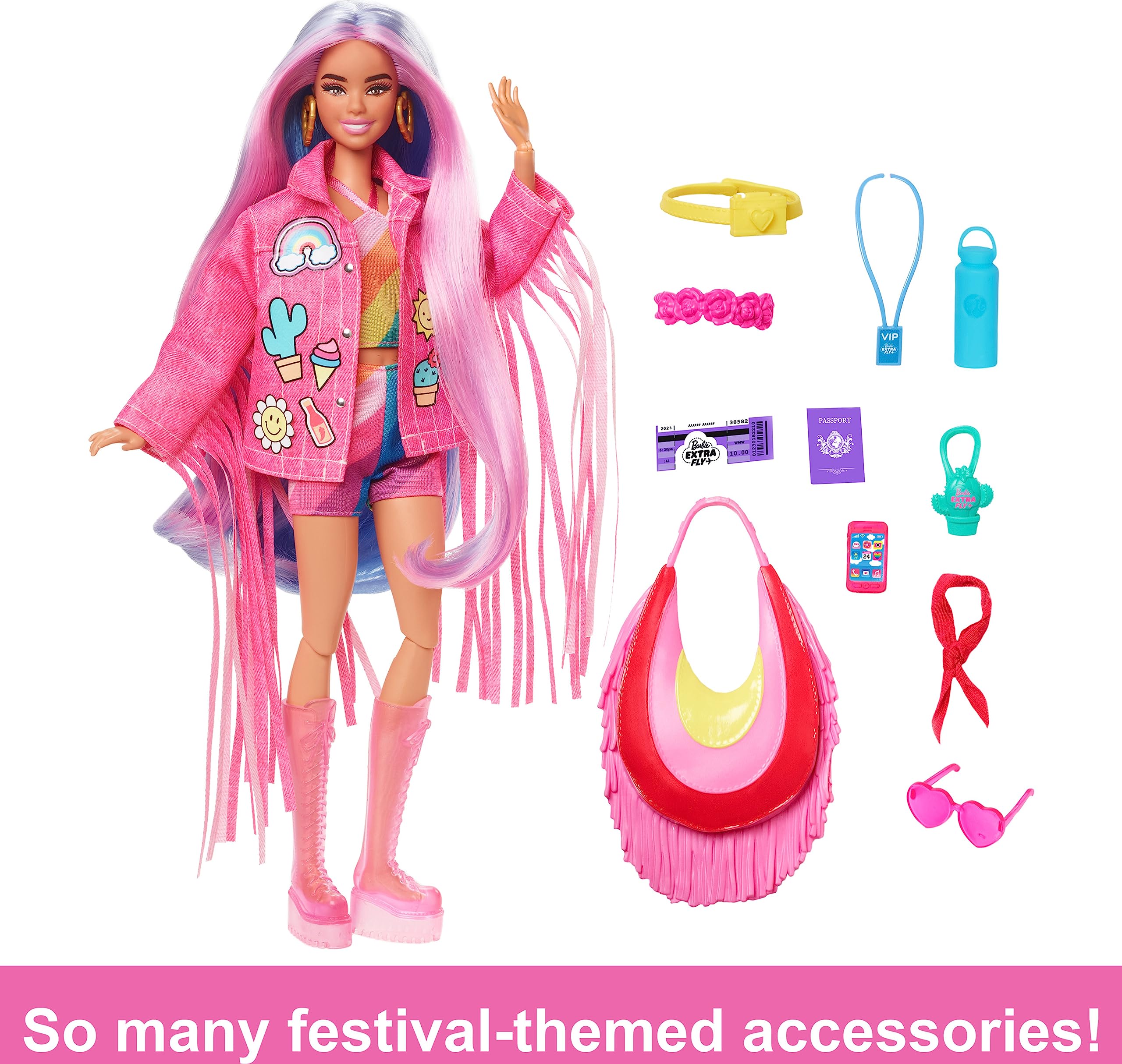 Barbie Extra Fly Doll with Desert-Themed Travel Clothes & Accessories, Fringe Jacket & Oversized Bag, 3Y+, Includes 1 BarbieĀ® doll with fashion, shoes, and assorted accessories