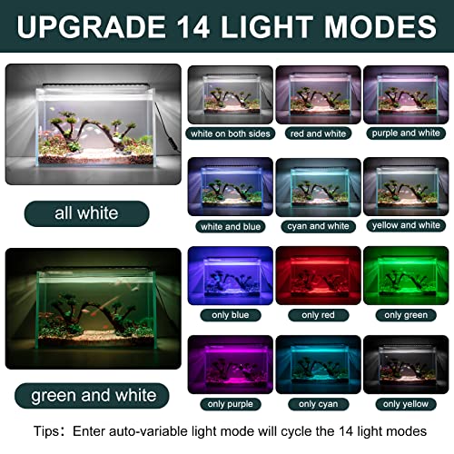 AQQA Aquarium Light with 14 Fish Tank Light Modes Adjustable Brightness Timer 15W LED Aquarium Light for Plants, Aluminum Alloy Shell Extendable Brackets Fit for 12-20 Inch Fish Tank